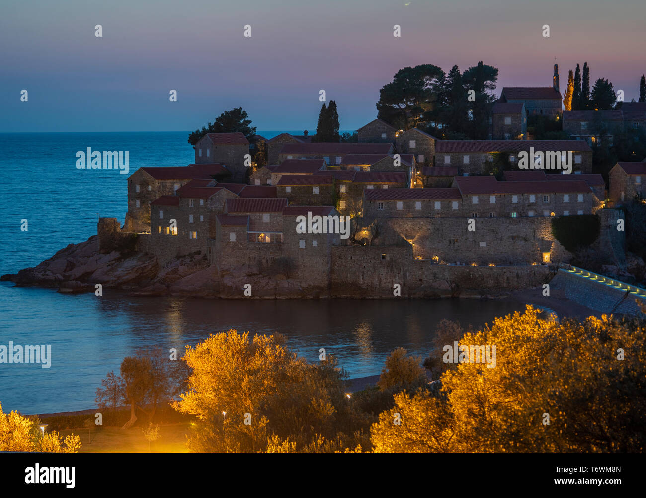 Sveti Stefan island in Budva, Montenegro. Sunset time. Beautiful ...