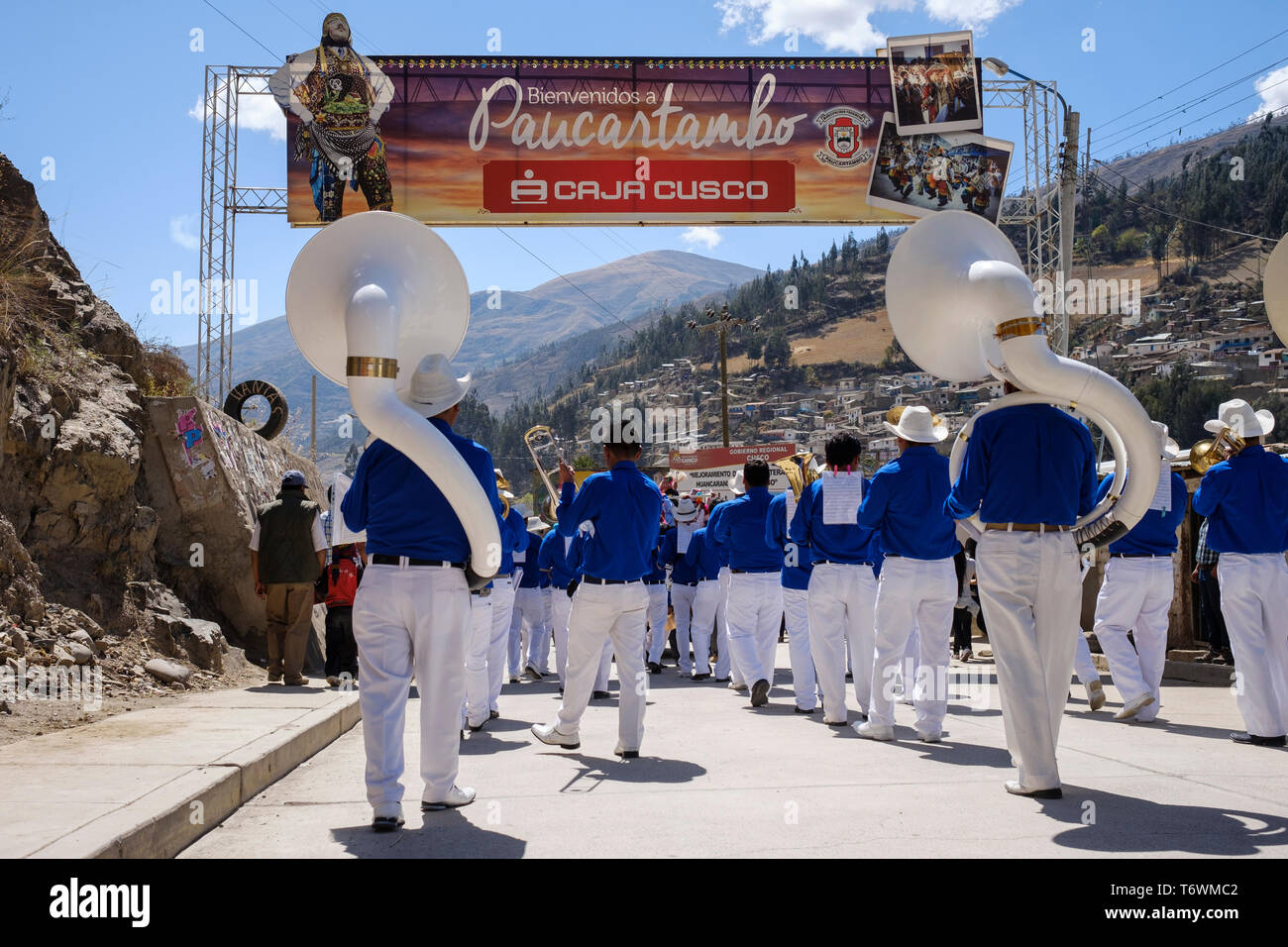 Music band playing while entering Paucartambo for the Festival of the ...
