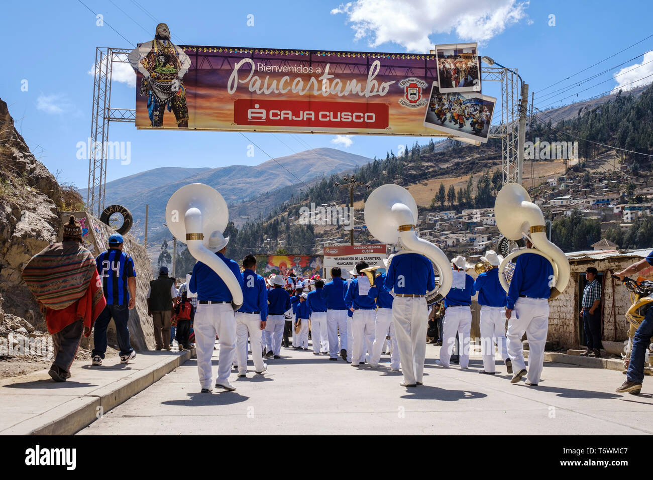Music band playing while entering Paucartambo for the Festival of the ...
