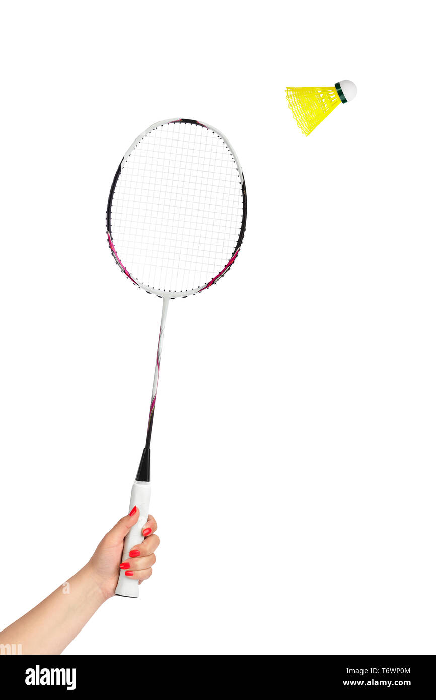 Hand with badminton racket and shuttlecock Stock Photo - Alamy