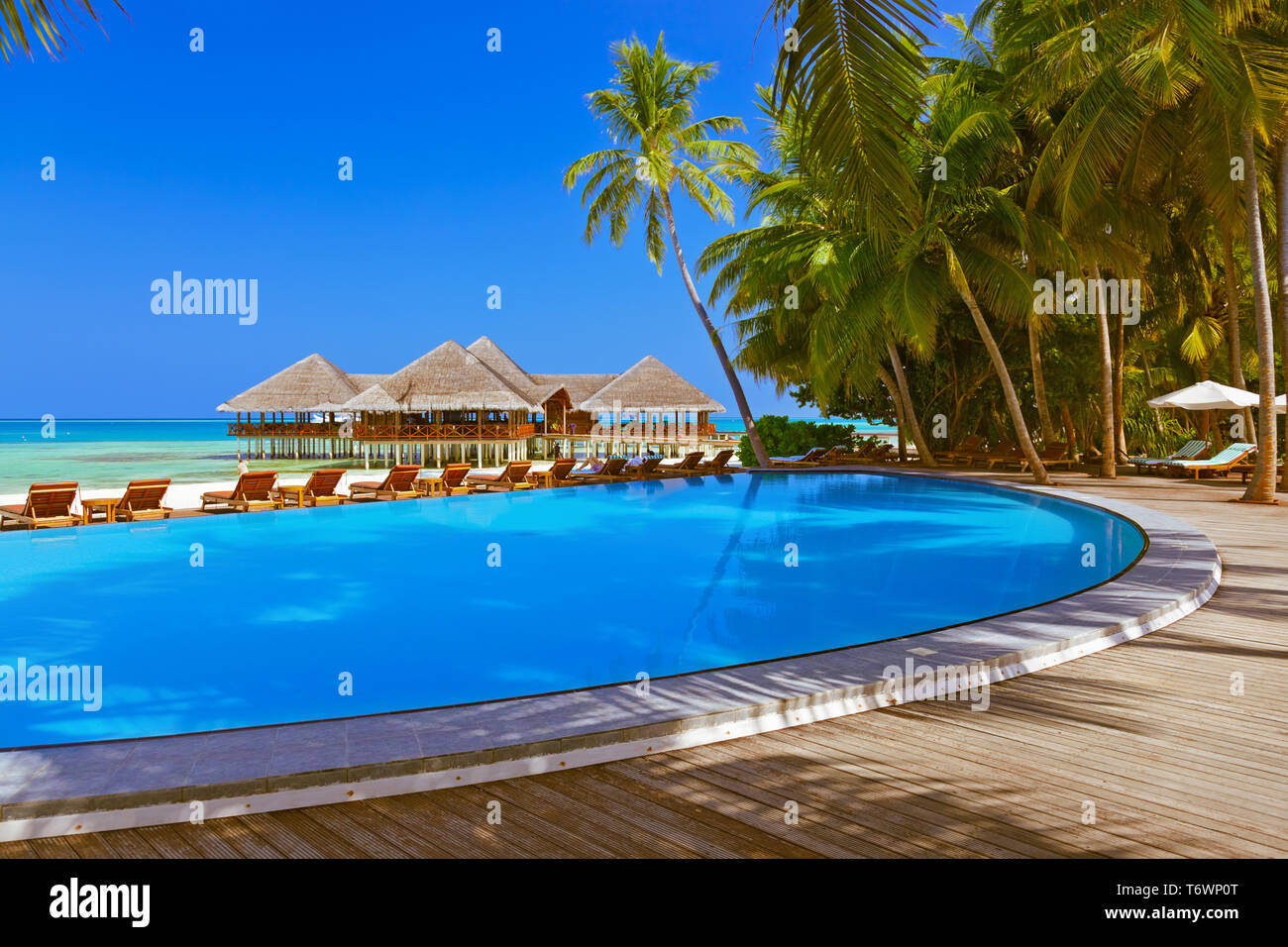 Pool and cafe on Maldives beach Stock Photo - Alamy