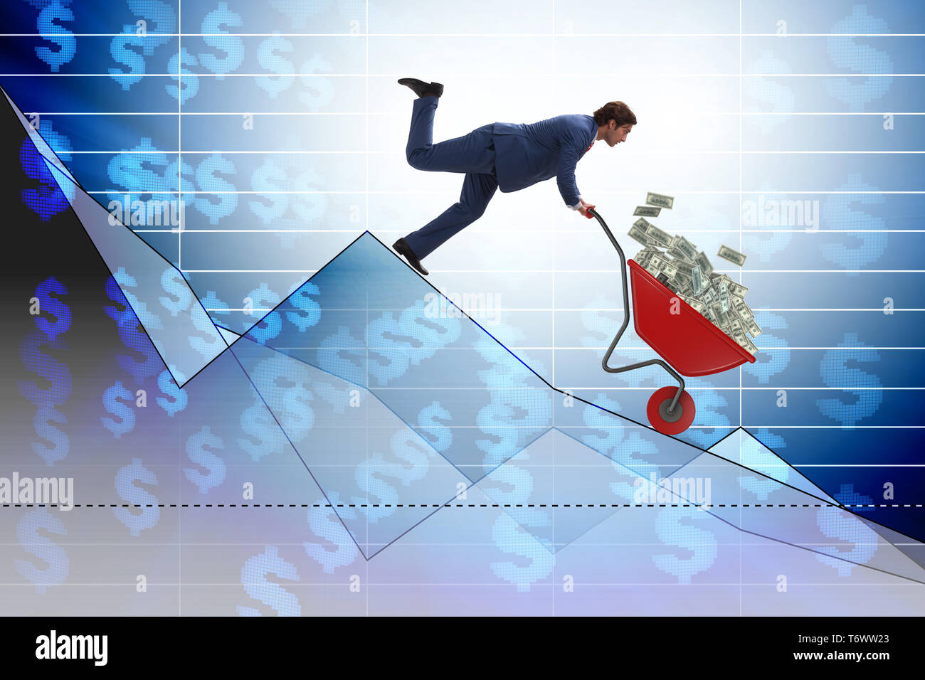 Businessman pushing money wheelbarrow down the chart Stock Photo - Alamy