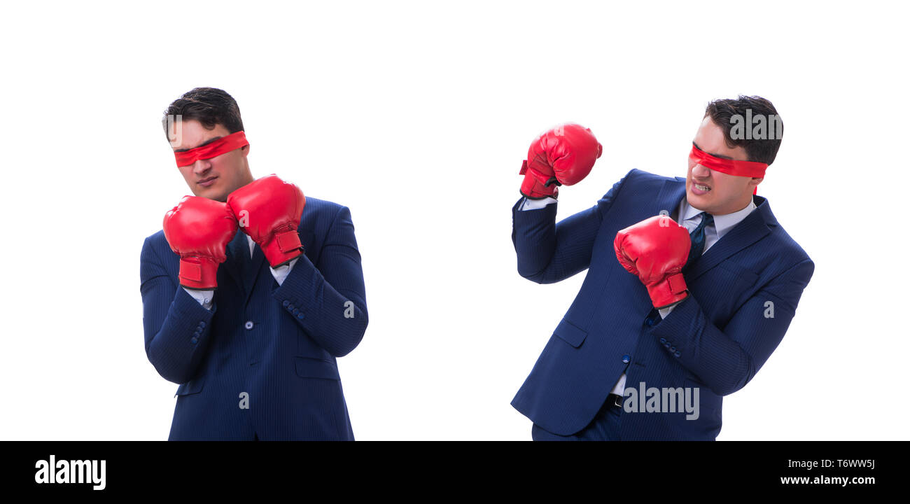Lawyer with blindfold wearing boxing gloves isolated on white Stock ...