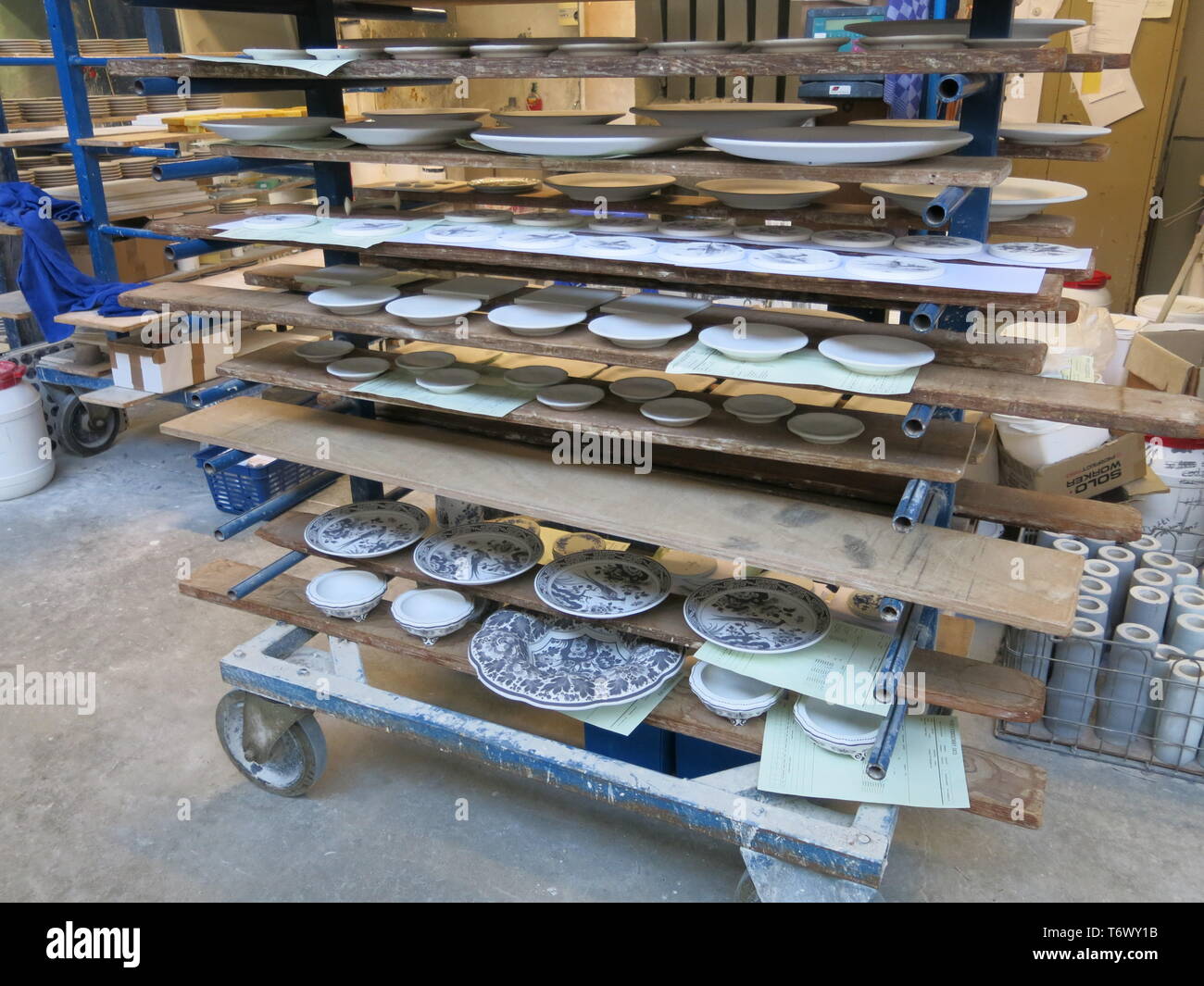 Interior view at the Royal Delft factory of the factory floor with the ...