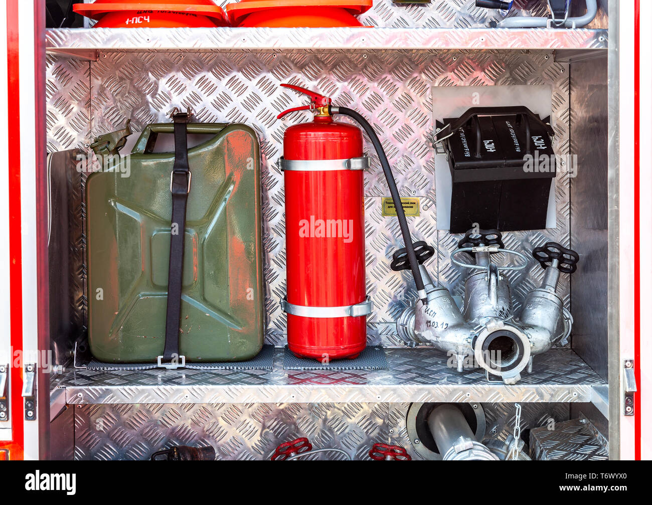 Samara, Russia - May 1, 2019: Fire and rescue equipment in a fire truck ...