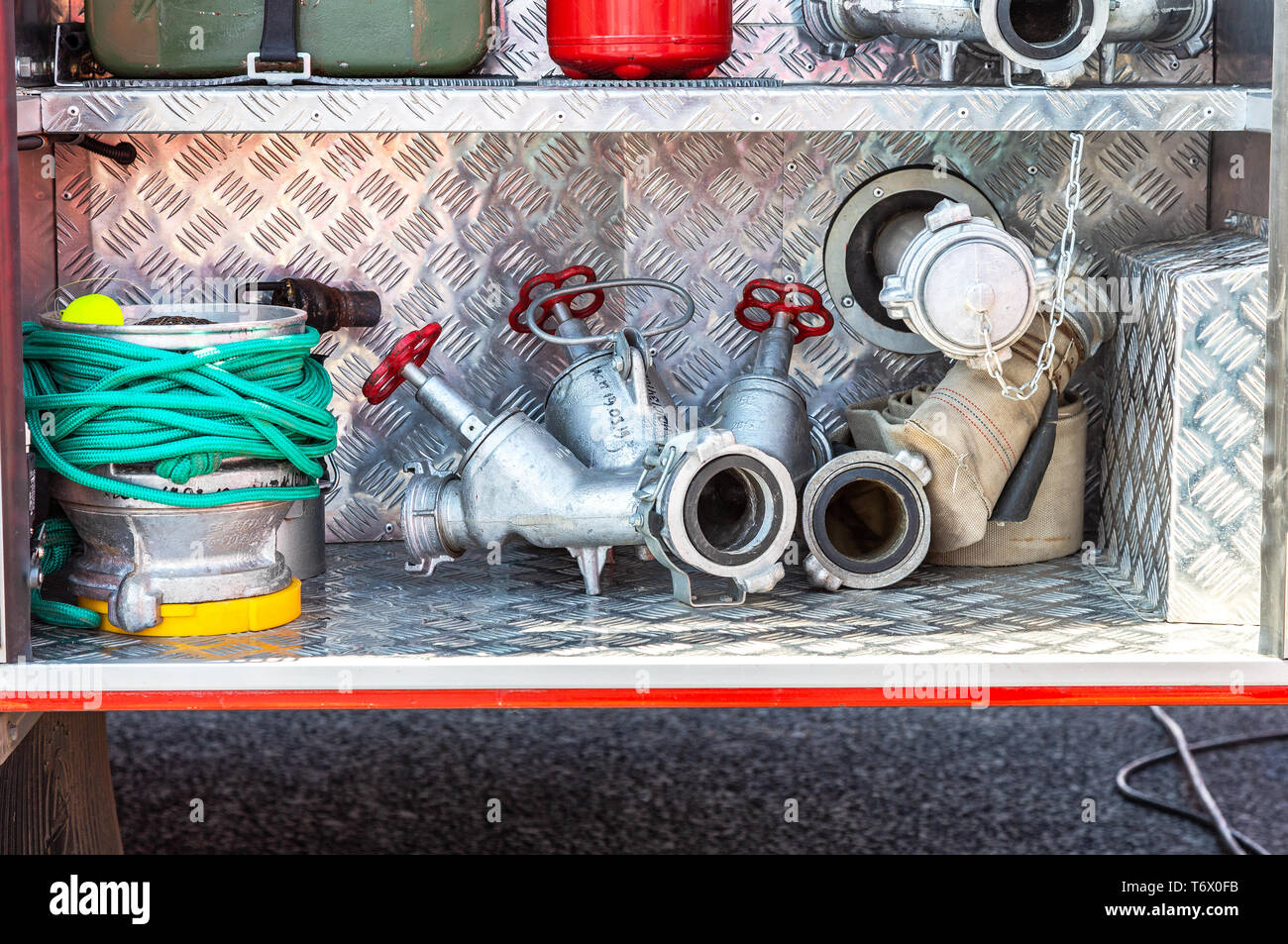 Samara, Russia - May 1, 2019: Fire and rescue equipment in a fire truck ...