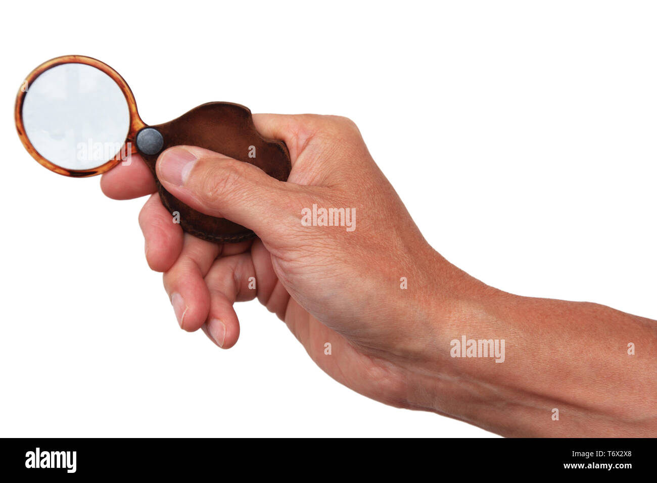 Gesture series, hand is holding magnifying glass Stock Photo - Alamy