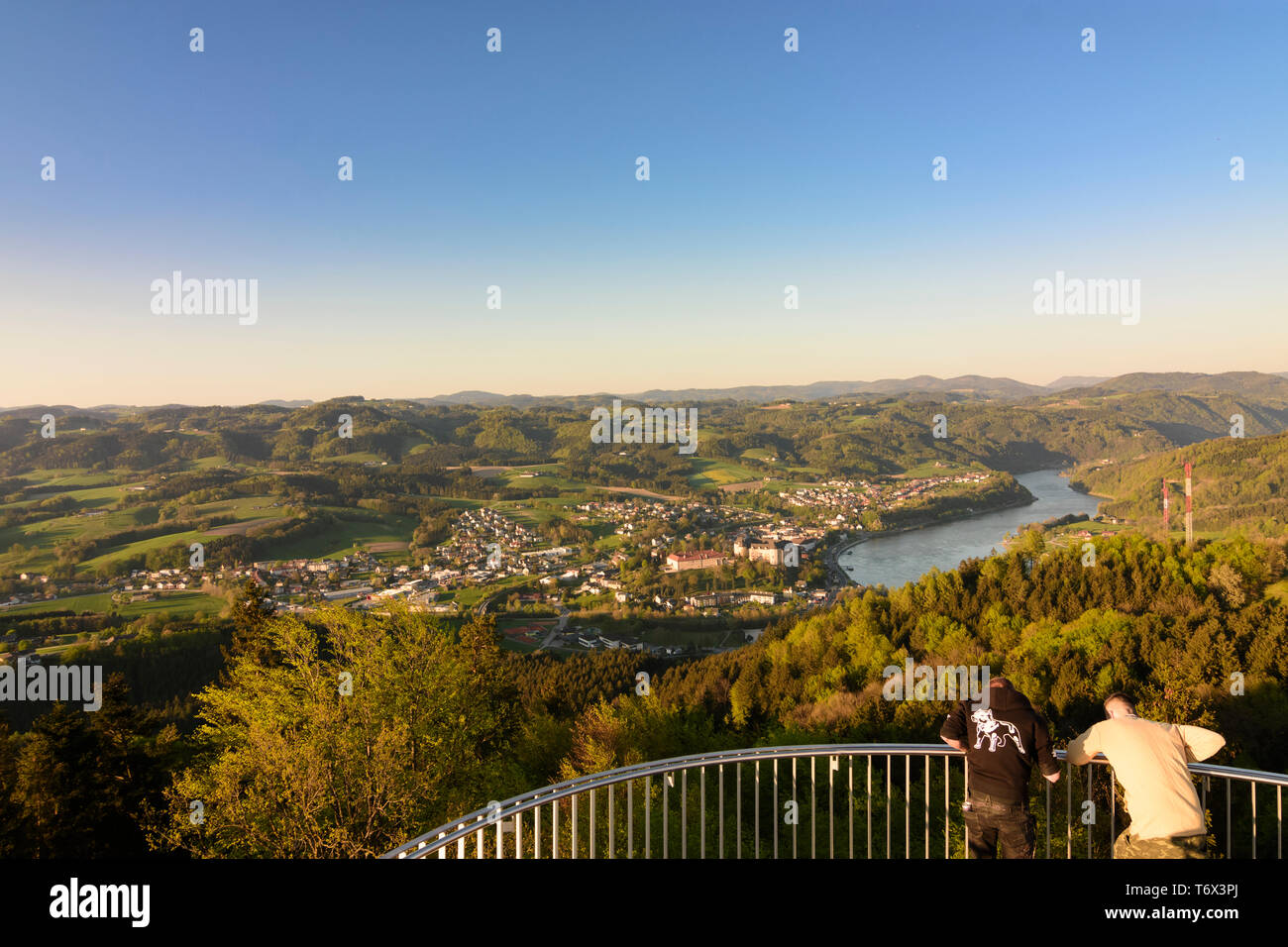 Grein: observation tower Gobelwarte, view to town Grein, river Donau ...
