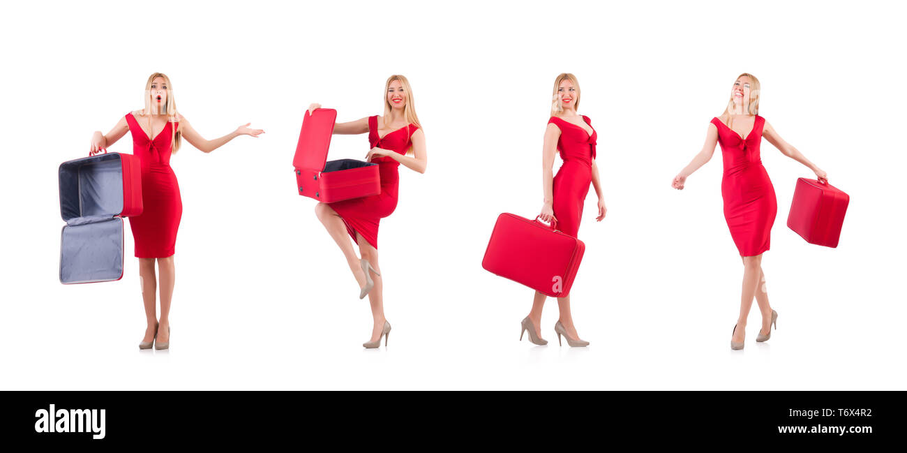 Woman in red dress and travel case isolated on white Stock Photo - Alamy