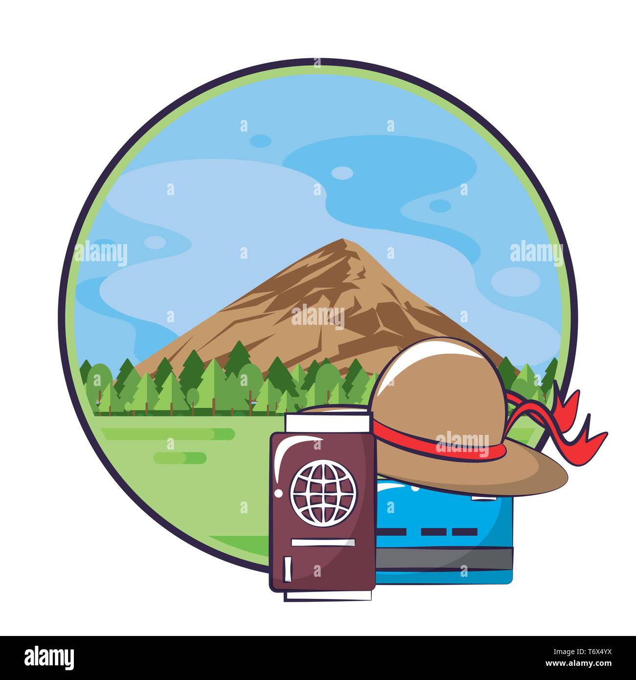 Traveling tourism exciting trip card round frame background Stock ...