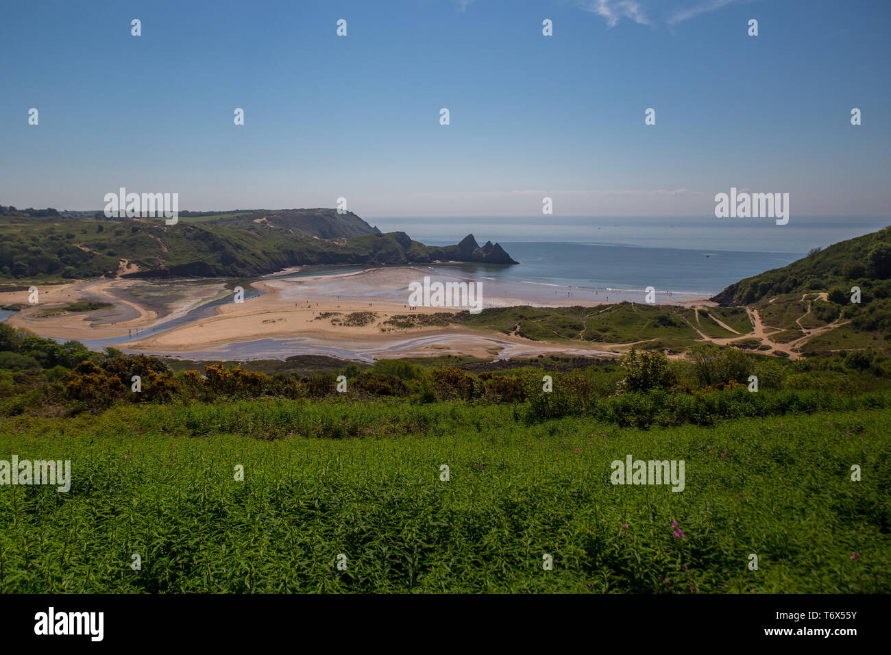 View across Three Cliffs Bay, Gower Stock Photo - Alamy