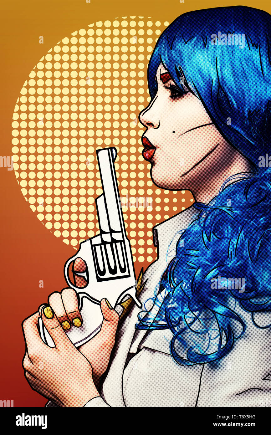 Portrait of young woman in comic pop art make-up style. Female with gun ...