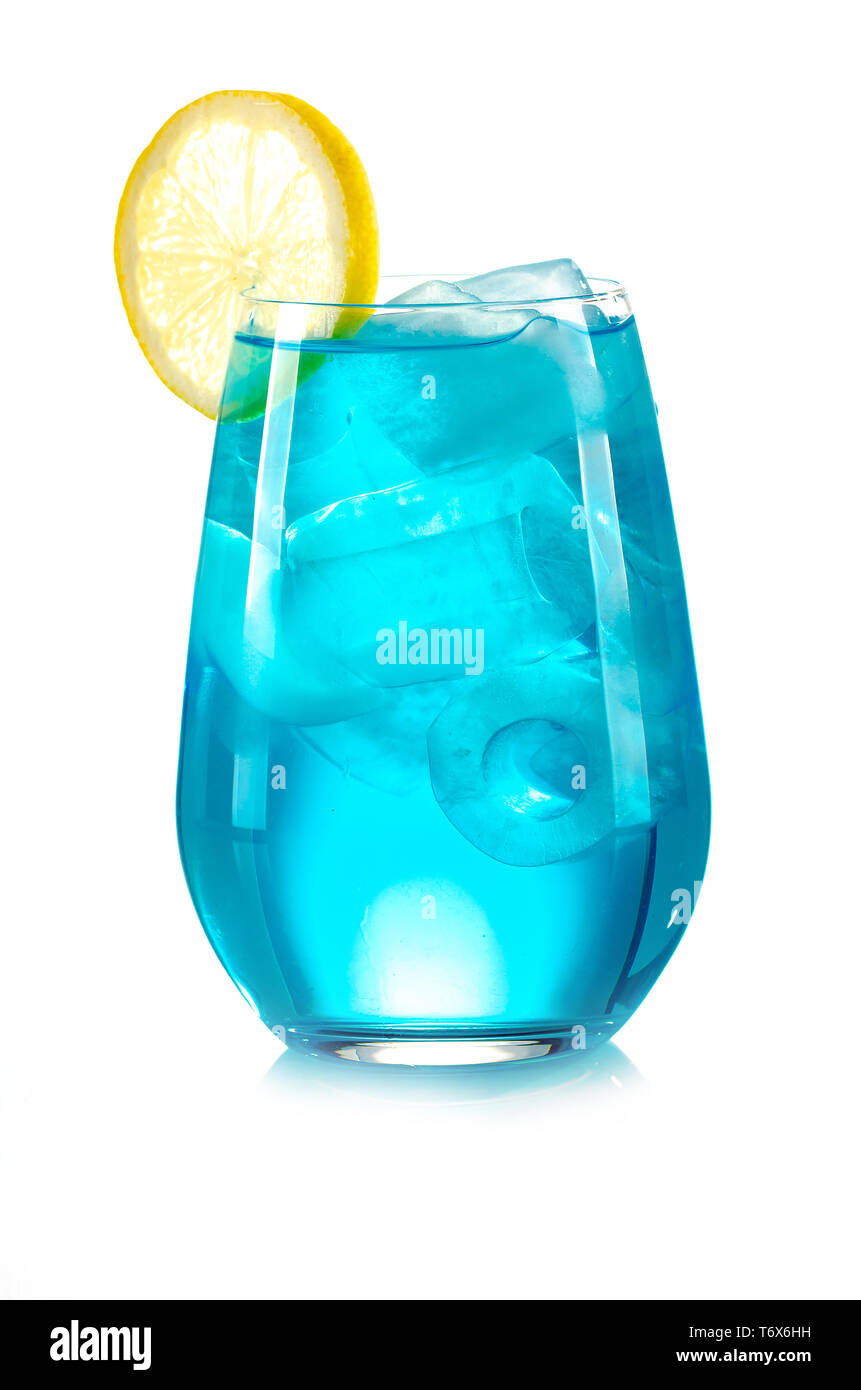 blue drink with ice cubes and lemon on white background, isolated Stock ...