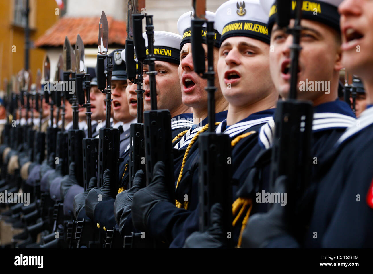 Warsaw, Poland. 2nd May, 2019. Guards of honour are seen singing the ...