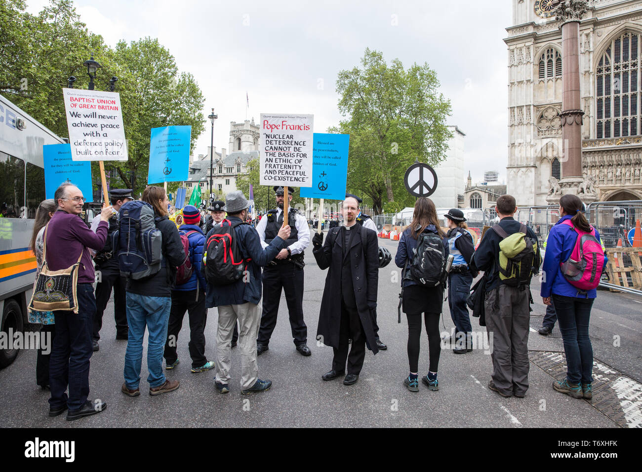 London, UK. 3 May, 2019. Protesters from the Peace Pledge Union and ...