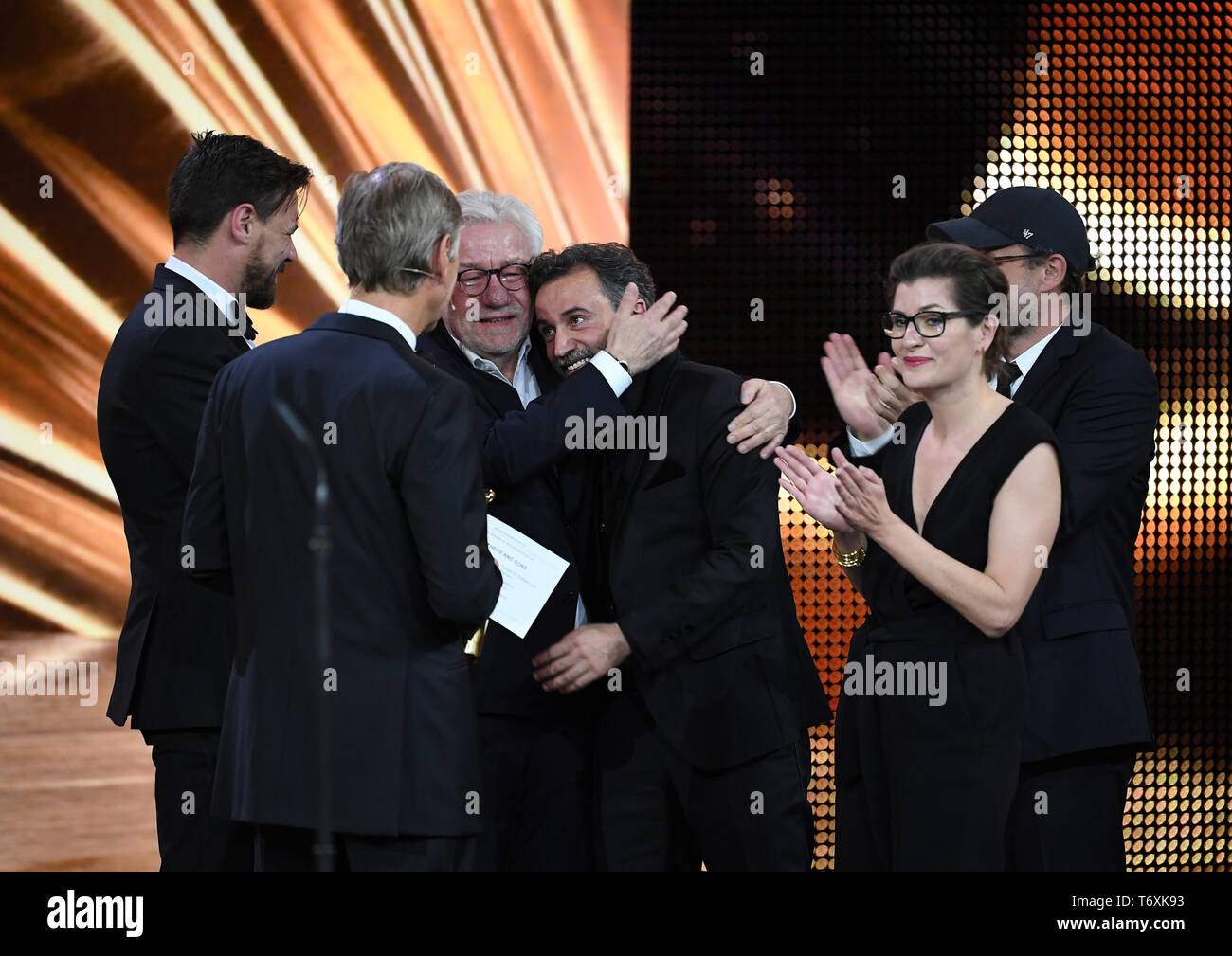 Berlin, Germany. 03rd May, 2019. Director Talal Derki (M) and his team ...