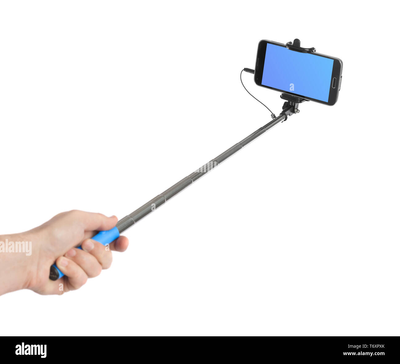 Hand and smartphone with selfie stick Stock Photo - Alamy