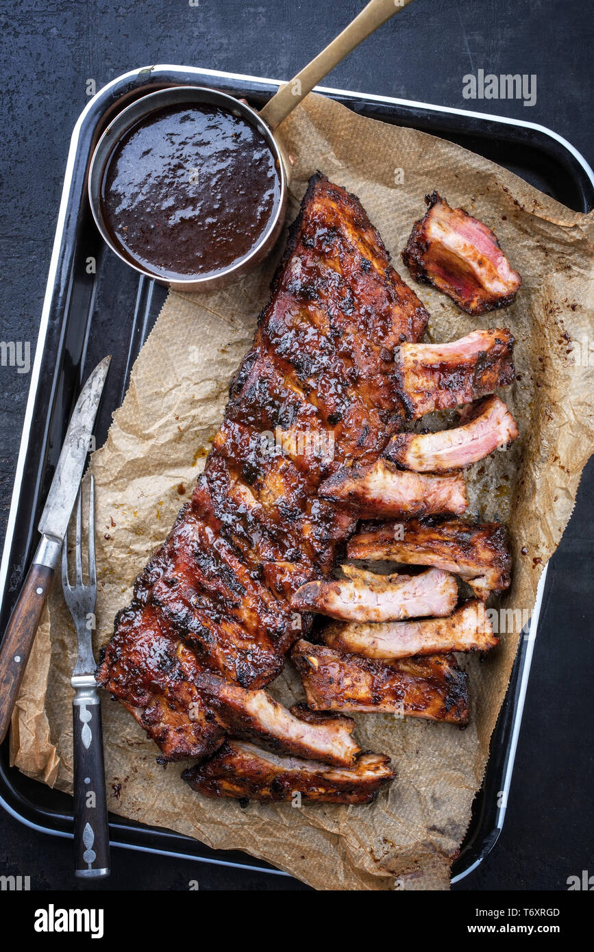 Barbecue spare ribs St Louis cut with hot honey chili marinade as top ...