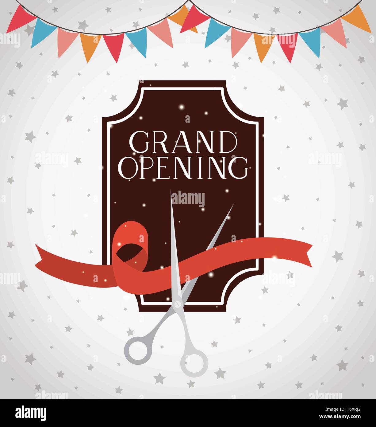 grand opening frame with scissorscuting ribbon and garlands Stock ...