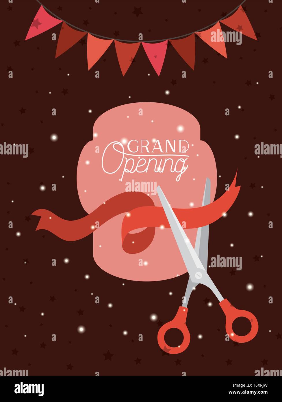 grand opening frame with scissorscuting ribbon and garlands Stock ...