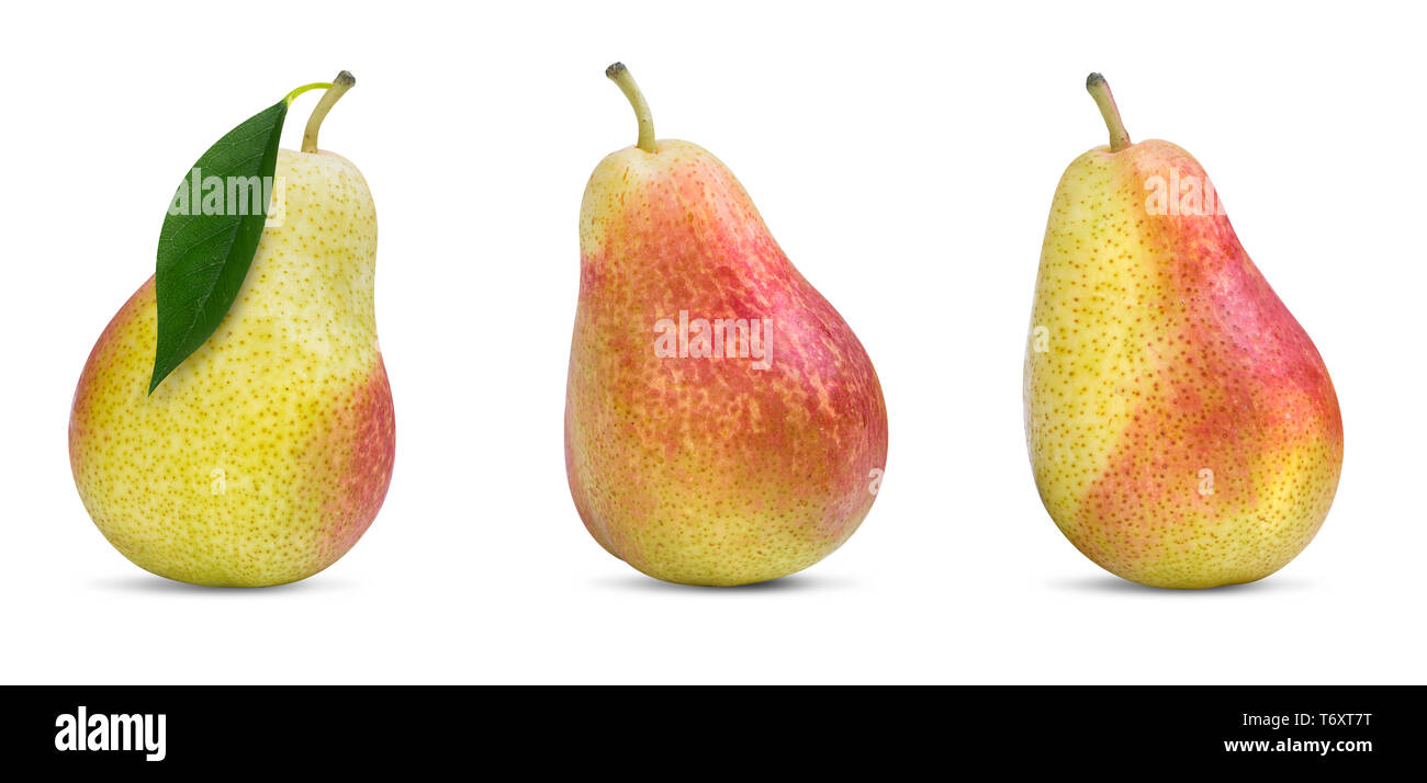 Three pears with green leaf isolated on white background Stock Photo ...