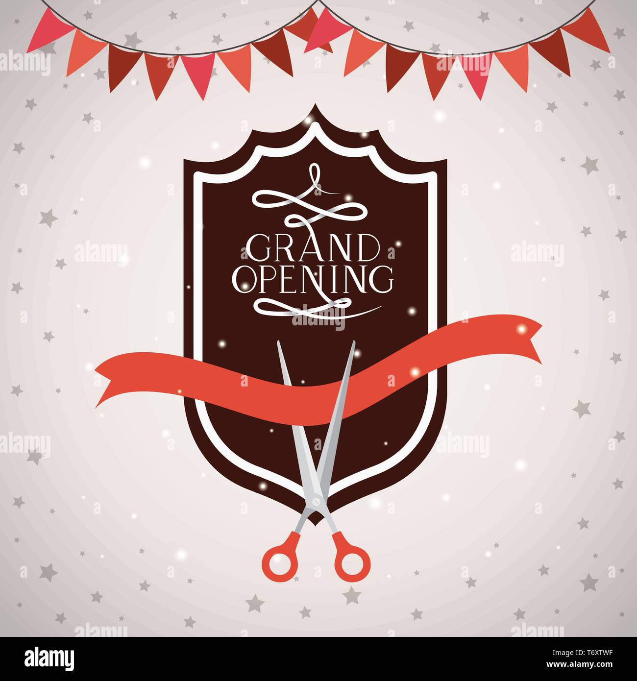 grand opening frame with scissorscuting ribbon and garlands Stock ...
