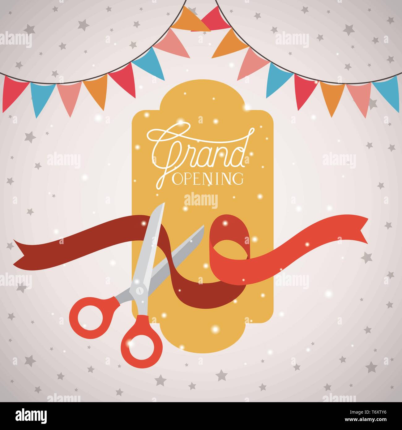 grand opening frame with scissorscuting ribbon and garlands Stock ...