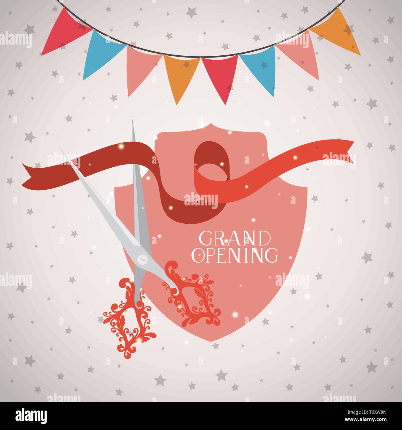 grand opening frame with scissorscuting ribbon and garlands Stock ...