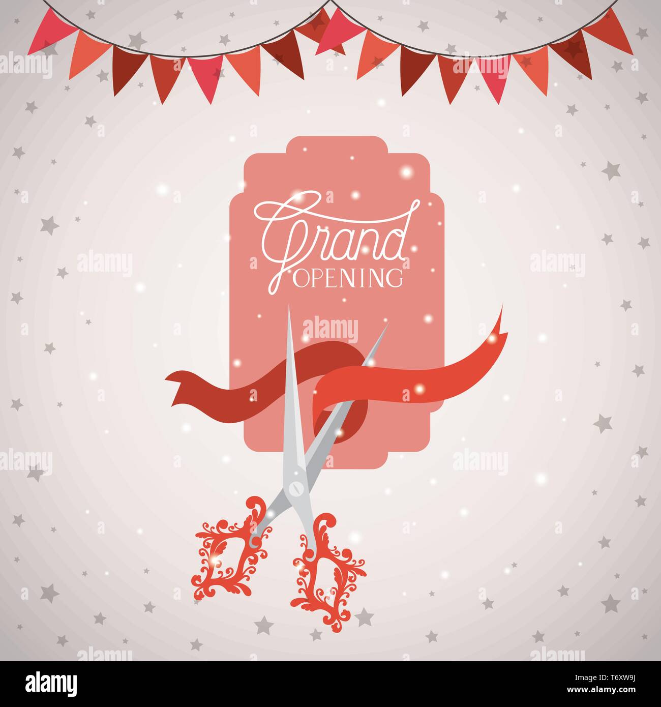 grand opening frame with scissorscuting ribbon and garlands Stock ...