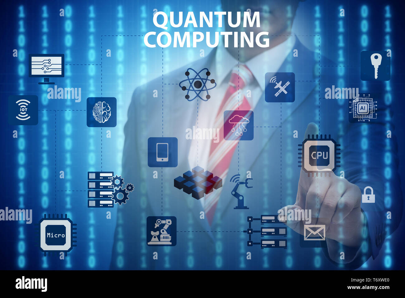 Businessman pressing virtual button in quantum computing concept Stock ...