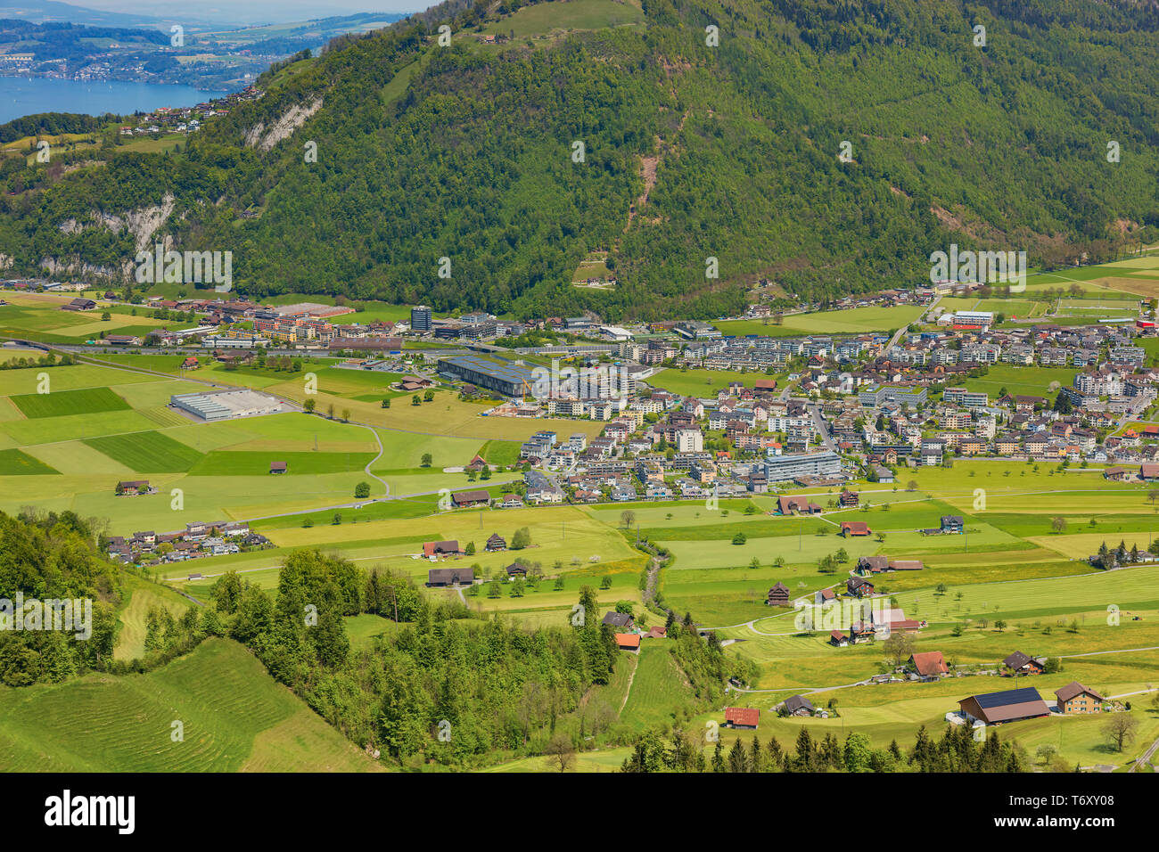 View from the open deck of a passenger cabin of an aerial cable car on ...