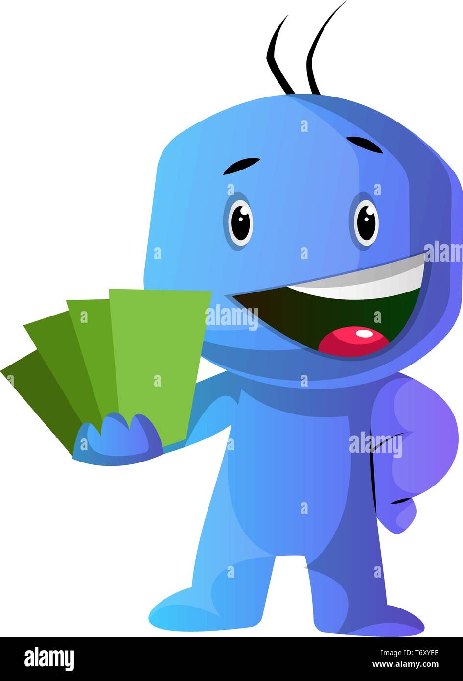 Blue cartoon caracter showing green cards illustration vector on white ...
