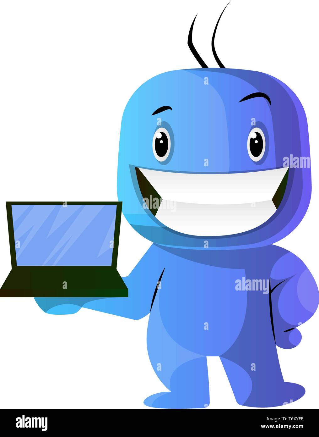 Blue cartoon caracter with laptop illustration vector on white ...