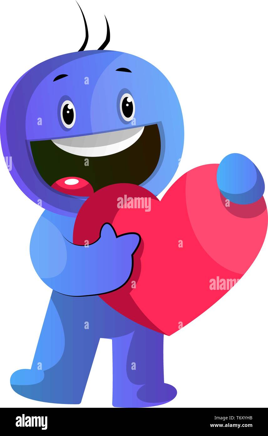Blue cartoon caracter holding a big red heart illustration vector on ...