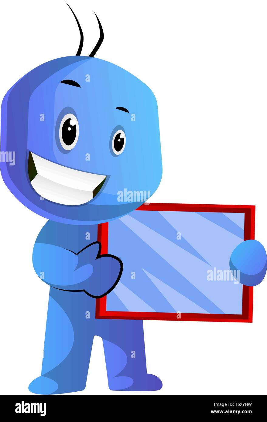 Blue cartoon caracter holding a tablet illustration vector on white ...
