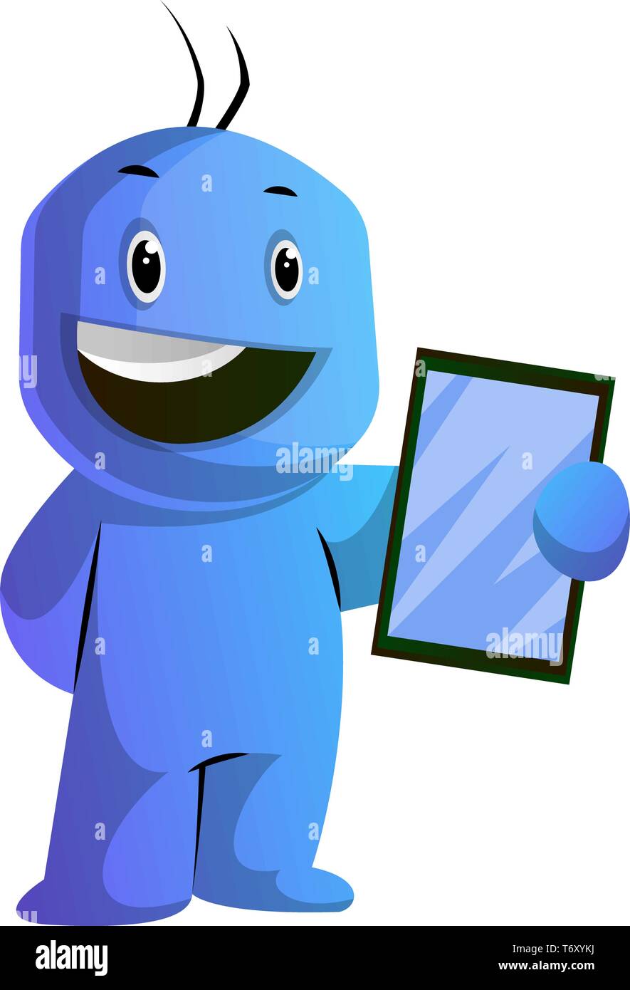 Happy blue cartoon caracter with a tablet illustration vector on white ...