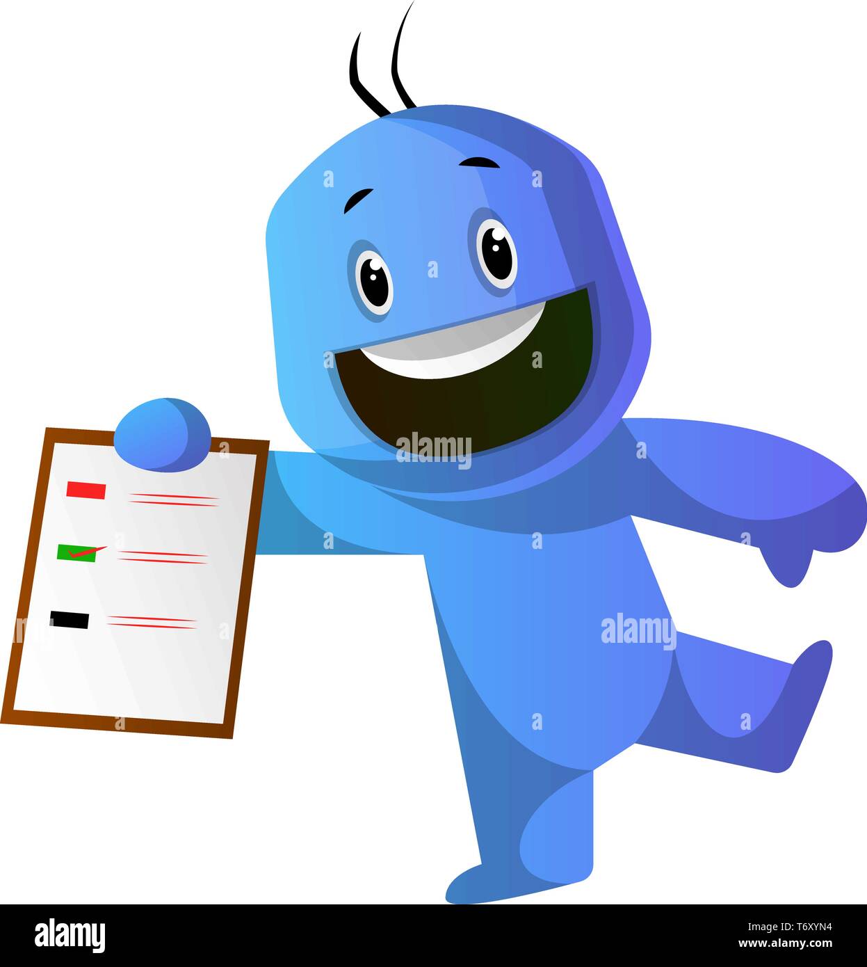 Smiling blue cartoon caracter with a notepad illustration vector on ...