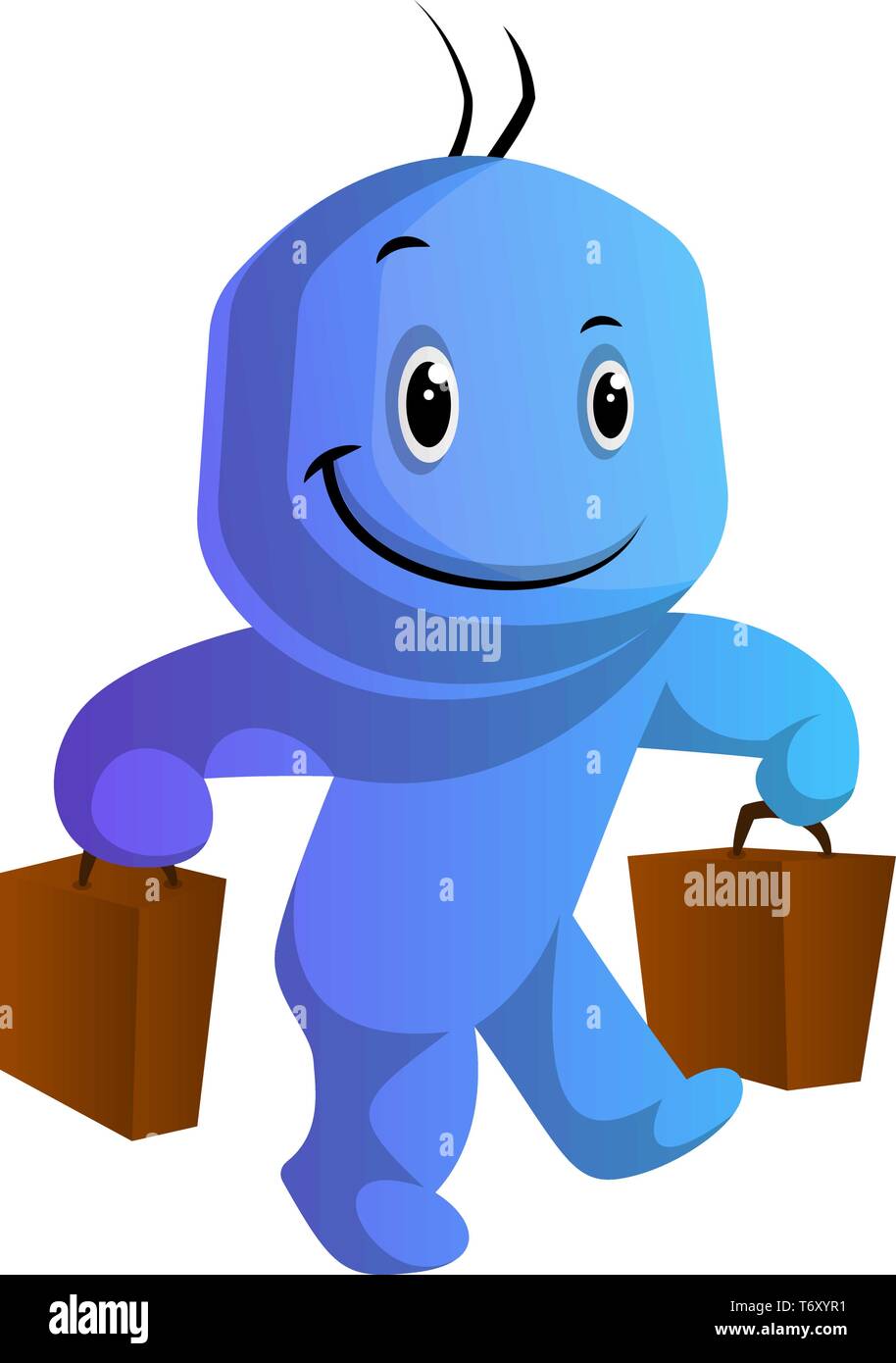 Happy blue cartoon caracter with bags illustration vector on white ...