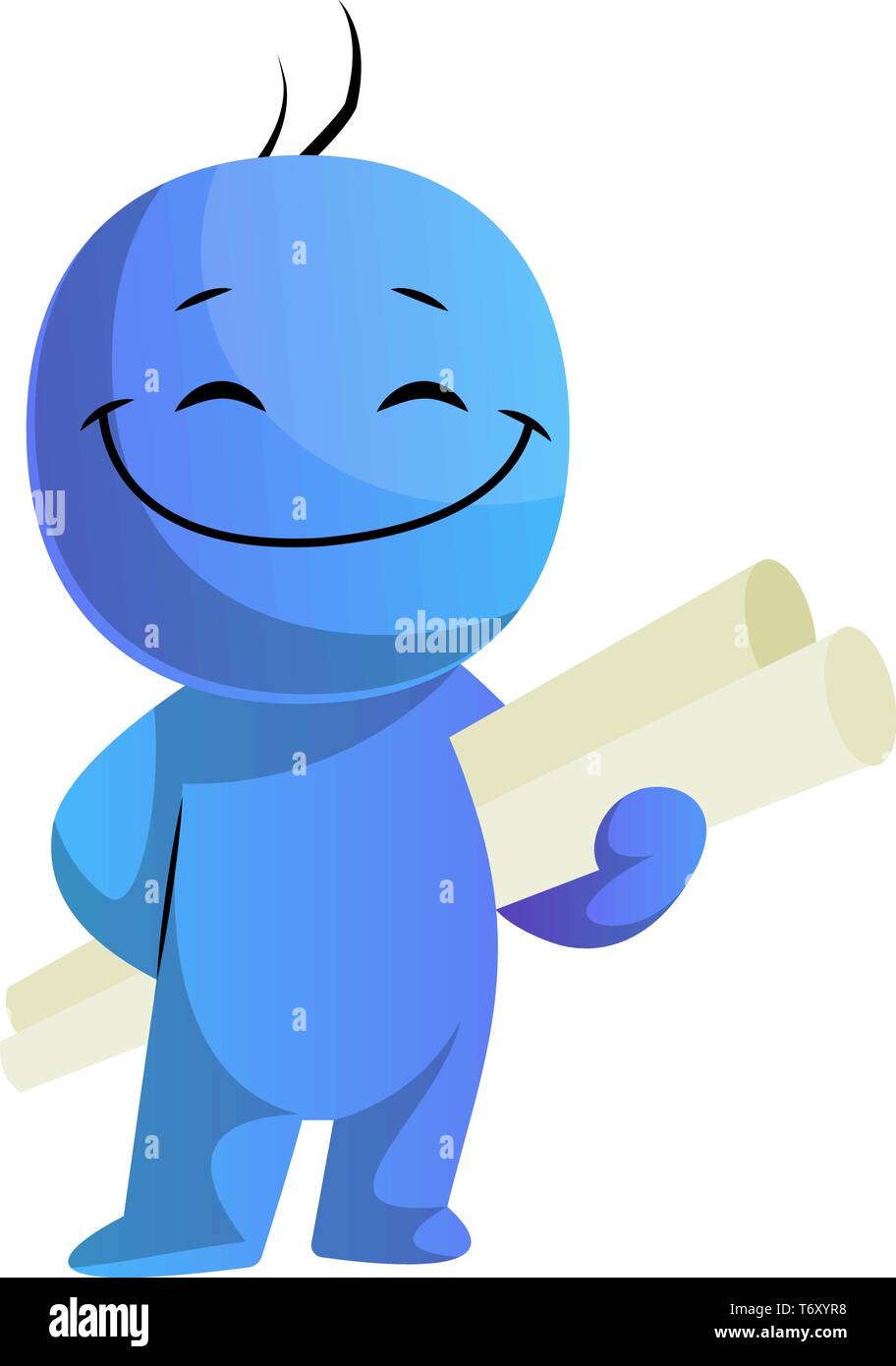 Happy blue caracter with project papers illustration vector on white ...