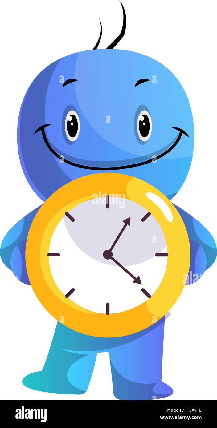 Blue cartoon caracter holding yellow clock illustration vector on white ...