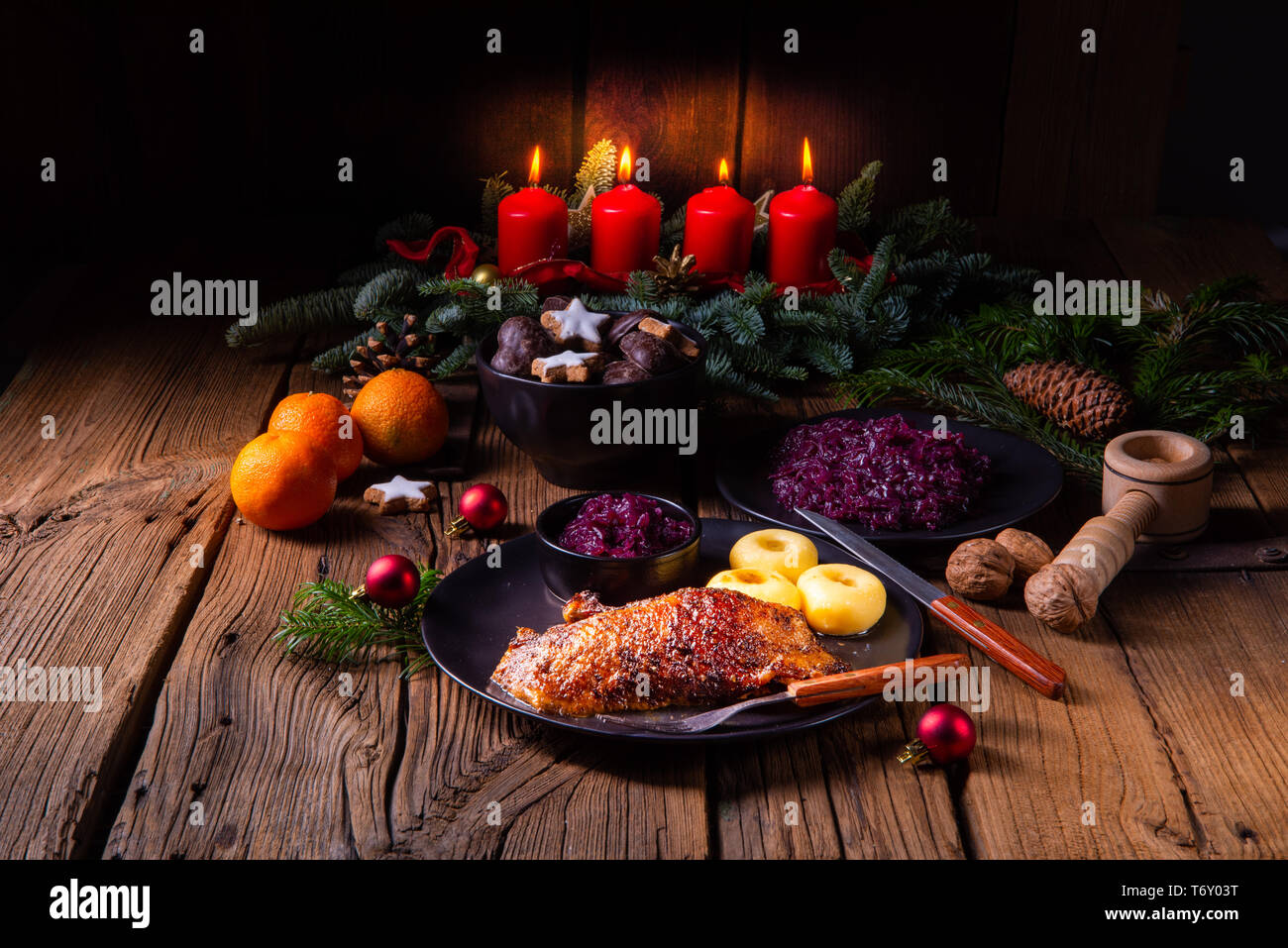 classic and crispy roasted duck with cabbage and dumplings Stock Photo ...