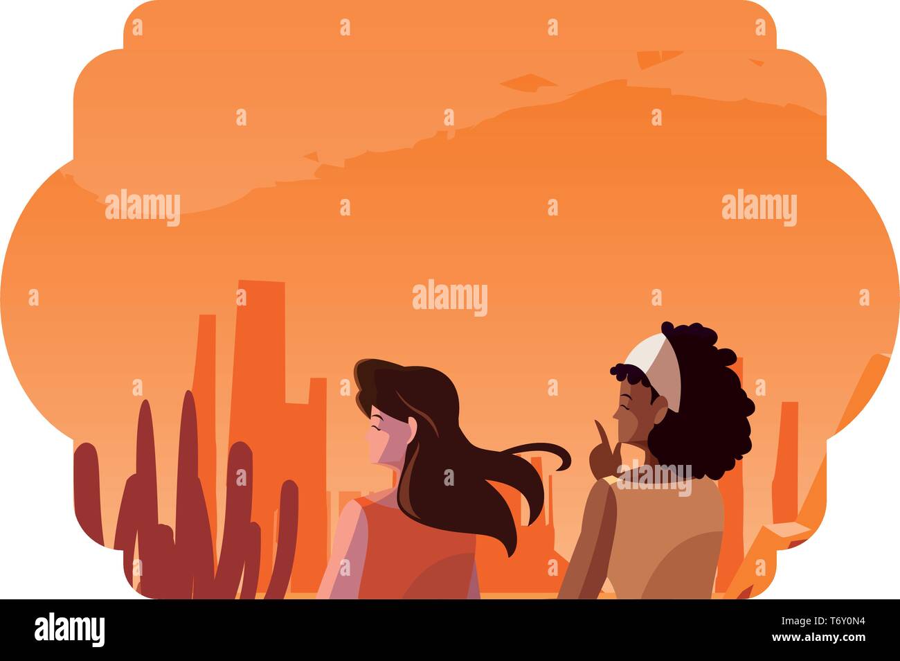 women contemplating horizon in the desert scene vector illustration ...