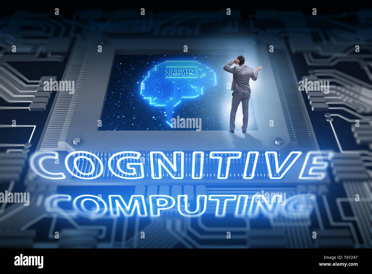 The cognitive computing concept as future technology with businessman ...