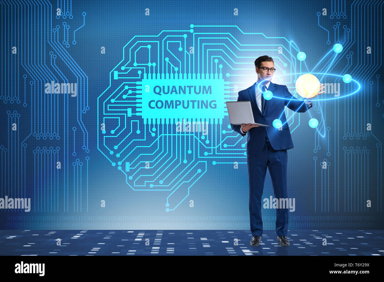 The businessman pressing virtual button in quantum computing concept ...