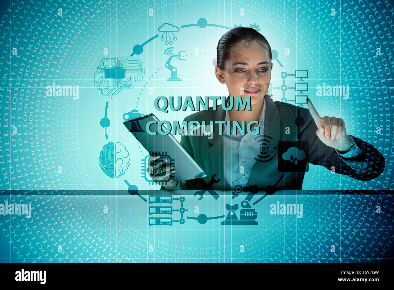 The businesswoman pressing virtual button in quantum computing concept ...