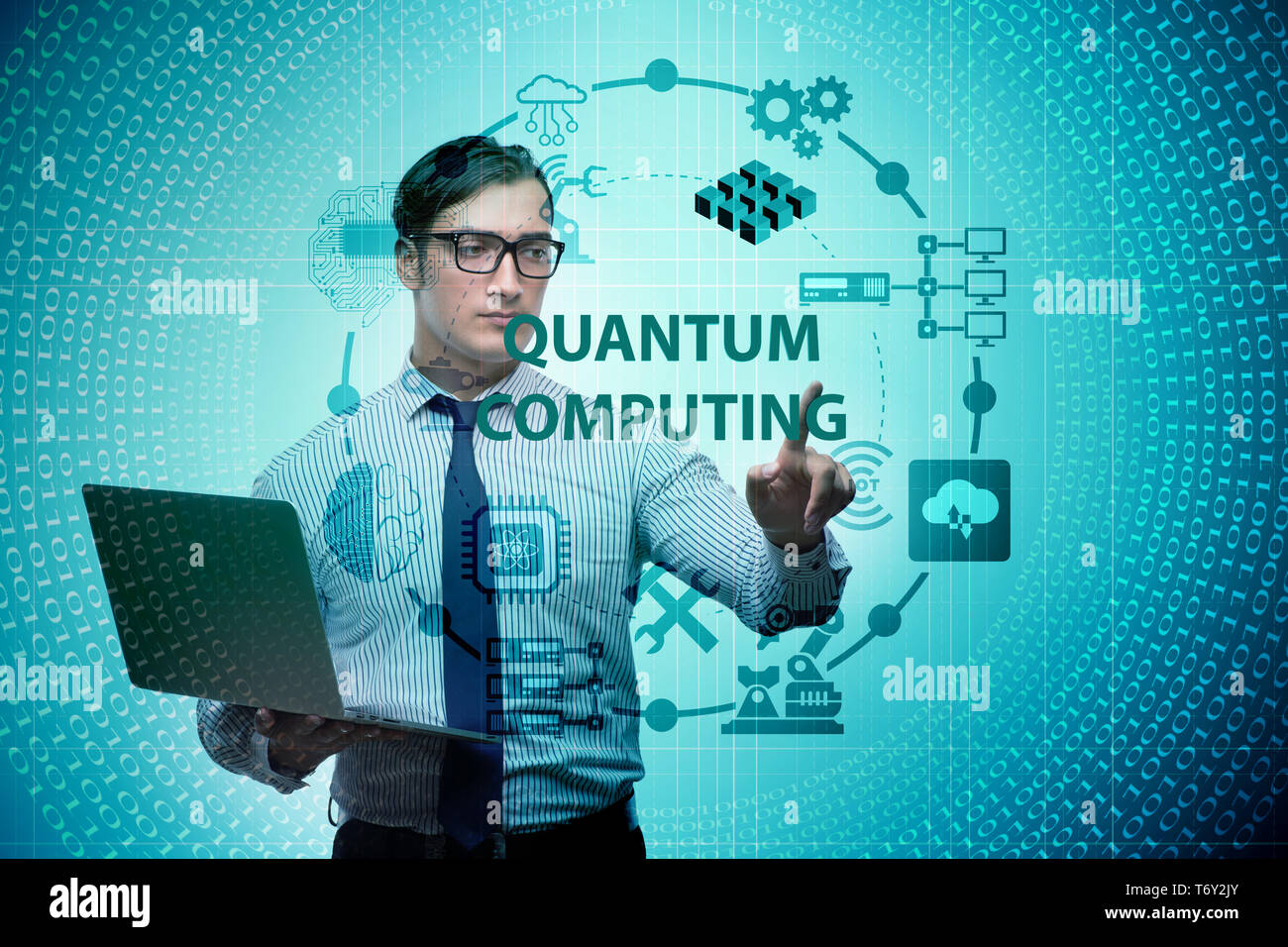 The businessman pressing virtual button in quantum computing concept ...