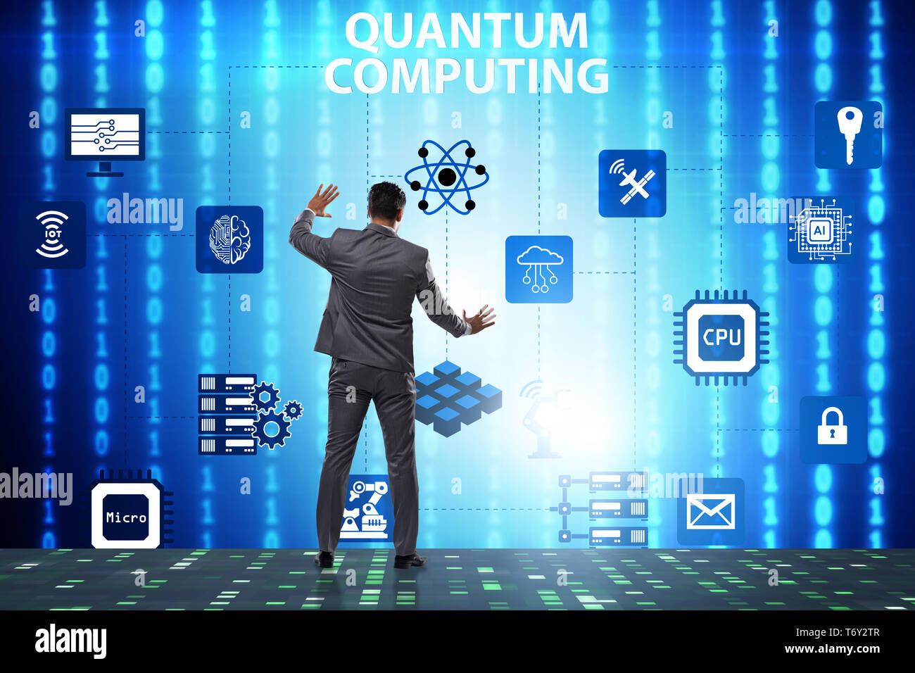 The businessman pressing virtual button in quantum computing concept Stock Photo - Alamy