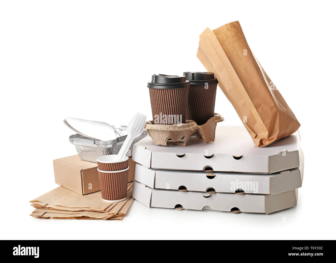 Different types of packages on white background. Food delivery service ...