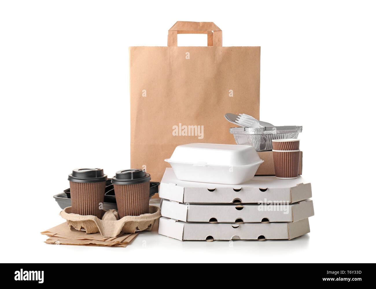 Different types of packages on white background. Food delivery service ...