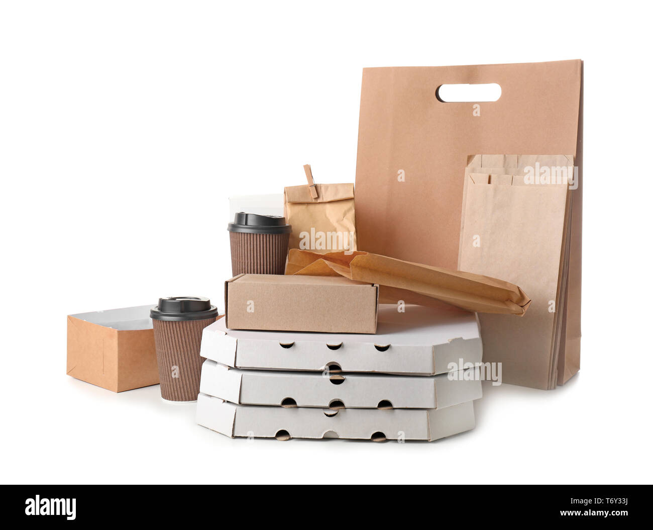 Different types of packages on white background. Food delivery service ...